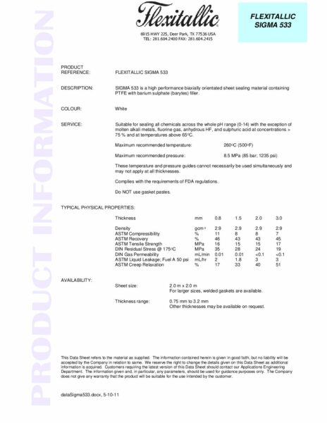 Sigma 533 Datasheet - Flexitallic